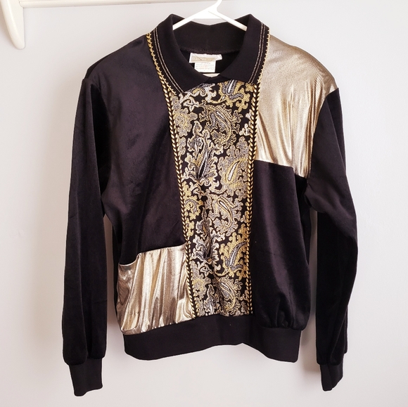 Sweaters | Vintage 8s Black Velvet Gold Metallic Sweater | Poshmark